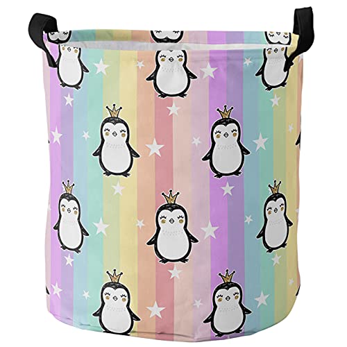 Oxford Fabric Storage Bin Cute Penguin on Stripes Rainbow Stars Krisyeol Waterproof Collapsible Laundry Basket Dirty Clothes Hamper with Handles Storage Baskets Organizer 17x13.8