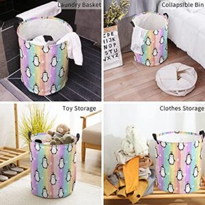 Oxford Fabric Storage Bin Cute Penguin on Stripes Rainbow Stars Krisyeol Waterproof Collapsible Laundry Basket Dirty Clothes Hamper with Handles Storage Baskets Organizer 17x13.8