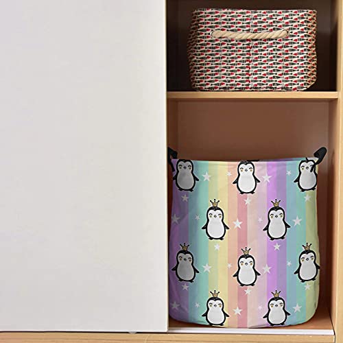 Oxford Fabric Storage Bin Cute Penguin on Stripes Rainbow Stars Krisyeol Waterproof Collapsible Laundry Basket Dirty Clothes Hamper with Handles Storage Baskets Organizer 17x13.8