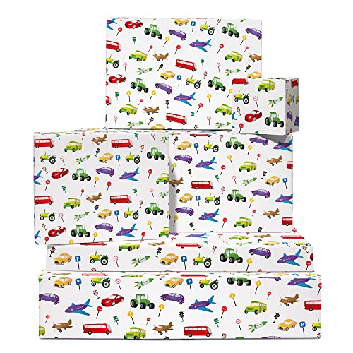 CENTRAL 23 Boys Birthday Wrapping Paper - 6 Sheets of Gift Wrap - Car Rocket Airplane Tractor Gifts - For Birthday Baby Shower - Recyclable