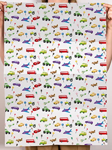 CENTRAL 23 Boys Birthday Wrapping Paper - 6 Sheets of Gift Wrap - Car Rocket Airplane Tractor Gifts - For Birthday Baby Shower - Recyclable