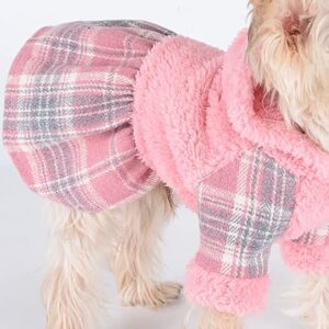 Dog Hoodie Dress Winter Dog Sweaters for Small Dogs Girl Cold Weather Warm Puppy Dresses Pink Plaid Pet Clothes Outfits for Chihuahua Yorkie Teacup Cat Skirt Coat Apparel Clothing (Small, Pink)