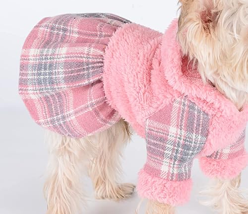 Dog Hoodie Dress Winter Dog Sweaters for Small Dogs Girl Cold Weather Warm Puppy Dresses Pink Plaid Pet Clothes Outfits for Chihuahua Yorkie Teacup Cat Skirt Coat Apparel Clothing (Small, Pink)