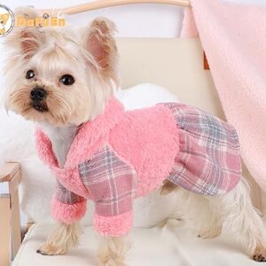 Dog Hoodie Dress Winter Dog Sweaters for Small Dogs Girl Cold Weather Warm Puppy Dresses Pink Plaid Pet Clothes Outfits for Chihuahua Yorkie Teacup Cat Skirt Coat Apparel Clothing (Small, Pink)