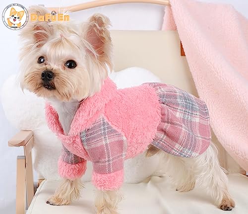 Dog Hoodie Dress Winter Dog Sweaters for Small Dogs Girl Cold Weather Warm Puppy Dresses Pink Plaid Pet Clothes Outfits for Chihuahua Yorkie Teacup Cat Skirt Coat Apparel Clothing (Small, Pink)