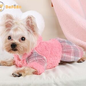 Dog Hoodie Dress Winter Dog Sweaters for Small Dogs Girl Cold Weather Warm Puppy Dresses Pink Plaid Pet Clothes Outfits for Chihuahua Yorkie Teacup Cat Skirt Coat Apparel Clothing (Small, Pink)