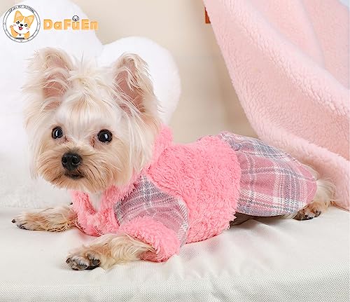 Dog Hoodie Dress Winter Dog Sweaters for Small Dogs Girl Cold Weather Warm Puppy Dresses Pink Plaid Pet Clothes Outfits for Chihuahua Yorkie Teacup Cat Skirt Coat Apparel Clothing (Small, Pink)