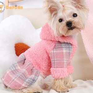 Dog Hoodie Dress Winter Dog Sweaters for Small Dogs Girl Cold Weather Warm Puppy Dresses Pink Plaid Pet Clothes Outfits for Chihuahua Yorkie Teacup Cat Skirt Coat Apparel Clothing (Small, Pink)