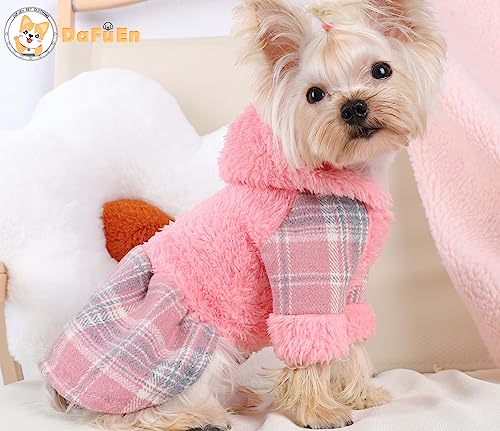 Dog Hoodie Dress Winter Dog Sweaters for Small Dogs Girl Cold Weather Warm Puppy Dresses Pink Plaid Pet Clothes Outfits for Chihuahua Yorkie Teacup Cat Skirt Coat Apparel Clothing (Small, Pink)