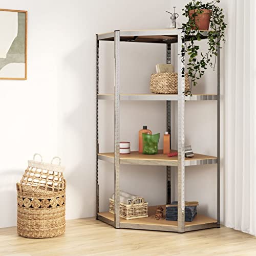 Tidyard 4-Layer Corner Shelf Steel Engineered Wood Storage Organizer Shelves Display Rack Silver for Kitchen, Bathroom, Warehouse, Basement, Laundry 29.5 x 29.5 x 63 Inches (L x W x H)