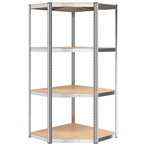 Tidyard 4-Layer Corner Shelf Steel Engineered Wood Storage Organizer Shelves Display Rack Silver for Kitchen, Bathroom, Warehouse, Basement, Laundry 29.5 x 29.5 x 63 Inches (L x W x H)