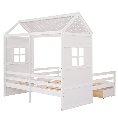 ODC Double Twin Size House Beds with 2 Drawers Solid Wood House Bed Frame for 2 Kids, Tent Bed for Boys Girls Teens Bedroom with Storage,Roof, Windows, Guardrail, 2 in 1 Bed No Box Spring Needed