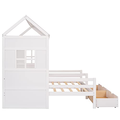 ODC Double Twin Size House Beds with 2 Drawers Solid Wood House Bed Frame for 2 Kids, Tent Bed for Boys Girls Teens Bedroom with Storage,Roof, Windows, Guardrail, 2 in 1 Bed No Box Spring Needed