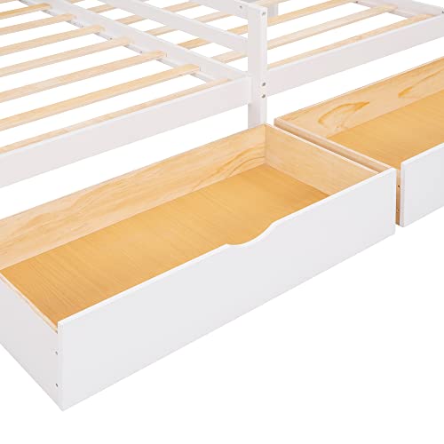 ODC Double Twin Size House Beds with 2 Drawers Solid Wood House Bed Frame for 2 Kids, Tent Bed for Boys Girls Teens Bedroom with Storage,Roof, Windows, Guardrail, 2 in 1 Bed No Box Spring Needed