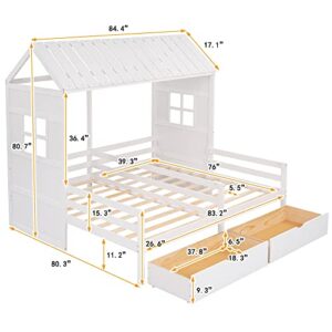 ODC Double Twin Size House Beds with 2 Drawers Solid Wood House Bed Frame for 2 Kids, Tent Bed for Boys Girls Teens Bedroom with Storage,Roof, Windows, Guardrail, 2 in 1 Bed No Box Spring Needed