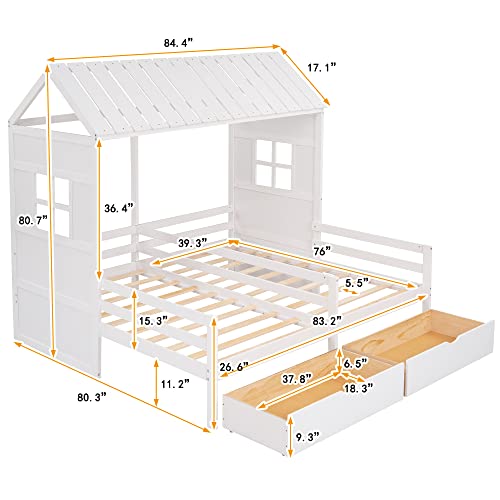 ODC Double Twin Size House Beds with 2 Drawers Solid Wood House Bed Frame for 2 Kids, Tent Bed for Boys Girls Teens Bedroom with Storage,Roof, Windows, Guardrail, 2 in 1 Bed No Box Spring Needed