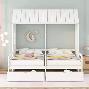 ODC Double Twin Size House Beds with 2 Drawers Solid Wood House Bed Frame for 2 Kids, Tent Bed for Boys Girls Teens Bedroom with Storage,Roof, Windows, Guardrail, 2 in 1 Bed No Box Spring Needed