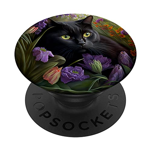 Black Adorable Cat in purple Spring Flowers field PopSockets Swappable PopGrip