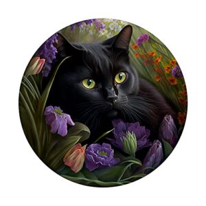 Black Adorable Cat in purple Spring Flowers field PopSockets Swappable PopGrip