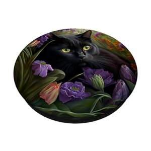 Black Adorable Cat in purple Spring Flowers field PopSockets Swappable PopGrip