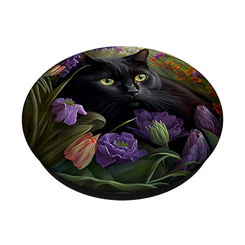 Black Adorable Cat in purple Spring Flowers field PopSockets Swappable PopGrip