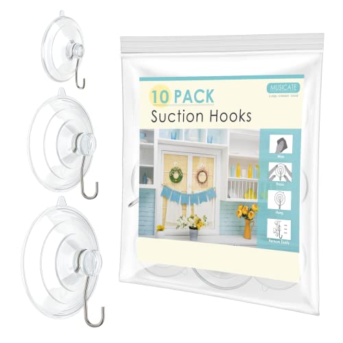 MUSICATE Suction Cup Hooks, 10 Pcs Clear Suction Cups with Metal Hooks Combo Set Removable Suction Cup Hook Reusable Suction Hangers for Bathroom Kitchen Window Glass Door - 4 Large 4 Medium 2 Small