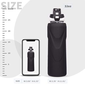 DEARRAY 32 oz Sports Glass Water Bottle with Straw & Silicone Sleeve Reusable BPA-free Borosilicate Glass Drinking Bottle with Flip Top Lid & Handle Wide Mouth (Deep Black)