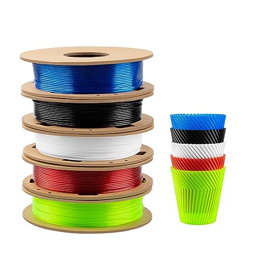 TPU Filament 1.75mm Bundle, TINMORRY 3D Printer Filament Combipack, 200g x 5 Spools, Black+White+Transparent red+Transparent Blue+Transparent Green