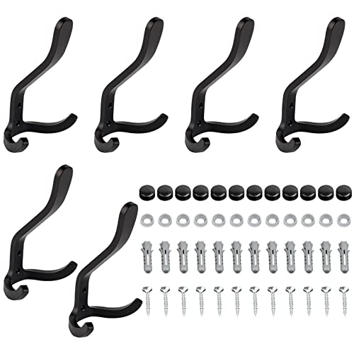 6Pcs Double Prong Coat Hooks Hardware, Towel Hooks Wall Mounted with 12 Screws, Metal Hooks for Hanging Coats, Towel, Hat, Key, Bag, Black