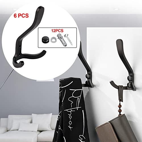 6Pcs Double Prong Coat Hooks Hardware, Towel Hooks Wall Mounted with 12 Screws, Metal Hooks for Hanging Coats, Towel, Hat, Key, Bag, Black