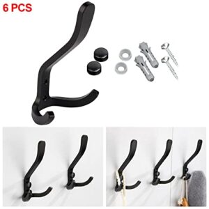 6Pcs Double Prong Coat Hooks Hardware, Towel Hooks Wall Mounted with 12 Screws, Metal Hooks for Hanging Coats, Towel, Hat, Key, Bag, Black