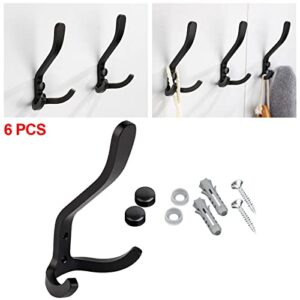 6Pcs Double Prong Coat Hooks Hardware, Towel Hooks Wall Mounted with 12 Screws, Metal Hooks for Hanging Coats, Towel, Hat, Key, Bag, Black