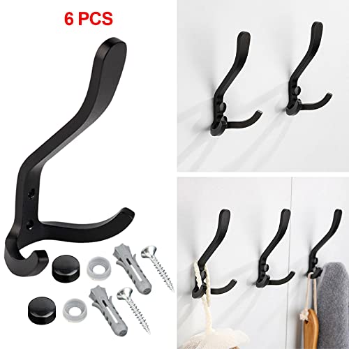 6Pcs Double Prong Coat Hooks Hardware, Towel Hooks Wall Mounted with 12 Screws, Metal Hooks for Hanging Coats, Towel, Hat, Key, Bag, Black