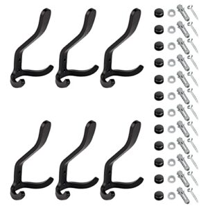 6Pcs Double Prong Coat Hooks Hardware, Towel Hooks Wall Mounted with 12 Screws, Metal Hooks for Hanging Coats, Towel, Hat, Key, Bag, Black