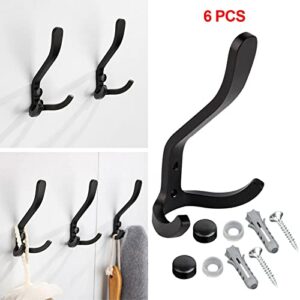 6Pcs Double Prong Coat Hooks Hardware, Towel Hooks Wall Mounted with 12 Screws, Metal Hooks for Hanging Coats, Towel, Hat, Key, Bag, Black