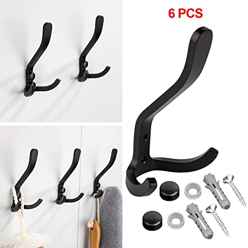 6Pcs Double Prong Coat Hooks Hardware, Towel Hooks Wall Mounted with 12 Screws, Metal Hooks for Hanging Coats, Towel, Hat, Key, Bag, Black