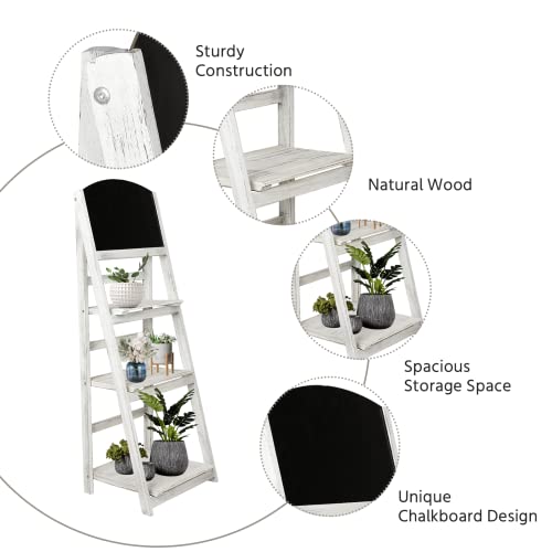 NO MORE TAG 3 Tier Ladder Shelf, Industrial Plant Shelf with Blcakboard, Wooden Shelf with Stable Frame Plant Stand Storage Rack Shelf, White