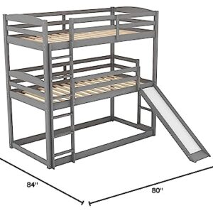 Triple Bunk Bed with Slide,Twin-Over-Twin-Over-Twin Bunkbeds with Ladder and Safety Guardrails for Kids/Teen/Adults Bedroom,Can Divided into 2 Beds,No Box Spring Needed,Pine Wood,Gray