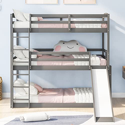 Triple Bunk Bed with Slide,Twin-Over-Twin-Over-Twin Bunkbeds with Ladder and Safety Guardrails for Kids/Teen/Adults Bedroom,Can Divided into 2 Beds,No Box Spring Needed,Pine Wood,Gray