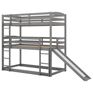 Triple Bunk Bed with Slide,Twin-Over-Twin-Over-Twin Bunkbeds with Ladder and Safety Guardrails for Kids/Teen/Adults Bedroom,Can Divided into 2 Beds,No Box Spring Needed,Pine Wood,Gray