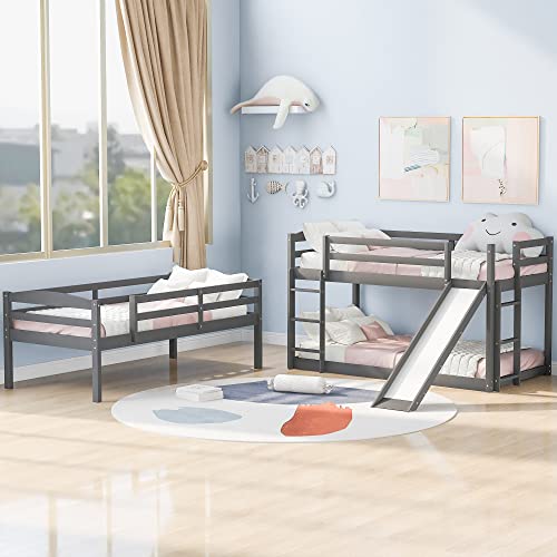 Triple Bunk Bed with Slide,Twin-Over-Twin-Over-Twin Bunkbeds with Ladder and Safety Guardrails for Kids/Teen/Adults Bedroom,Can Divided into 2 Beds,No Box Spring Needed,Pine Wood,Gray