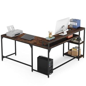 Tribesigns L Shaped Desk with Monitor Stand and Storage Shelves, Farmhouse Corner Computer Desk with Hutch, Crafting Gaming Table for Home Office, Rustic Style