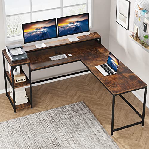 Tribesigns L Shaped Desk with Monitor Stand and Storage Shelves, Farmhouse Corner Computer Desk with Hutch, Crafting Gaming Table for Home Office, Rustic Style