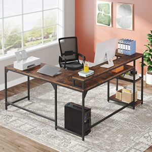 Tribesigns L Shaped Desk with Monitor Stand and Storage Shelves, Farmhouse Corner Computer Desk with Hutch, Crafting Gaming Table for Home Office, Rustic Style