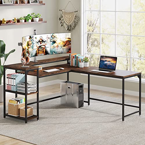 Tribesigns L Shaped Desk with Monitor Stand and Storage Shelves, Farmhouse Corner Computer Desk with Hutch, Crafting Gaming Table for Home Office, Rustic Style