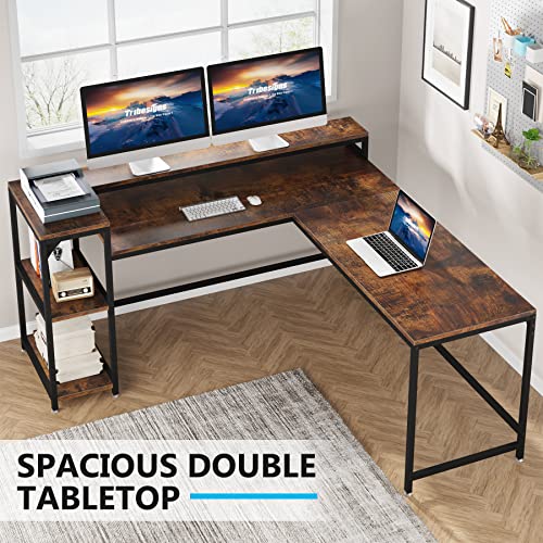 Tribesigns L Shaped Desk with Monitor Stand and Storage Shelves, Farmhouse Corner Computer Desk with Hutch, Crafting Gaming Table for Home Office, Rustic Style