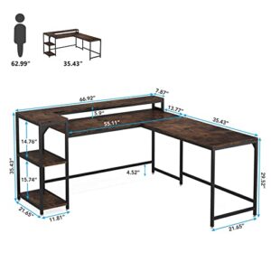 Tribesigns L Shaped Desk with Monitor Stand and Storage Shelves, Farmhouse Corner Computer Desk with Hutch, Crafting Gaming Table for Home Office, Rustic Style