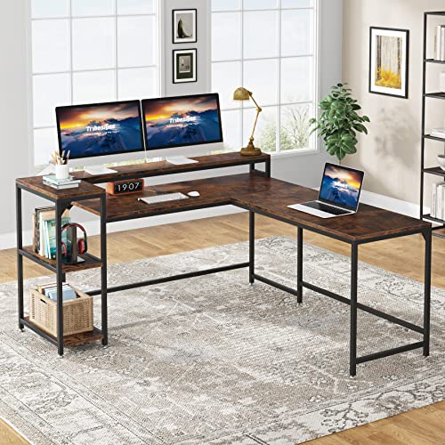 Tribesigns L Shaped Desk with Monitor Stand and Storage Shelves, Farmhouse Corner Computer Desk with Hutch, Crafting Gaming Table for Home Office, Rustic Style