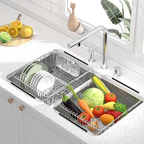 Dish Drying Rack in Sink-Adjustable 15.35" to 20.59",304 Stainless Steel Expandable Dish Drainer Rack Organizer with Utensil Cutlery Holder expandable in sink dish drying rack for Kitchen Counter