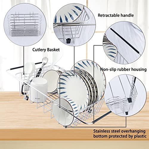 Dish Drying Rack in Sink-Adjustable 15.35" to 20.59",304 Stainless Steel Expandable Dish Drainer Rack Organizer with Utensil Cutlery Holder expandable in sink dish drying rack for Kitchen Counter